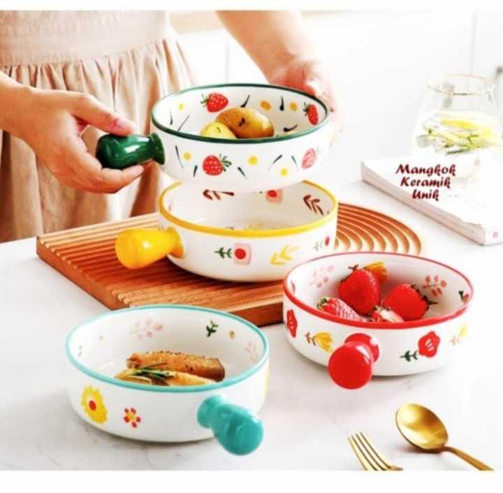 Mangkok mangkuk keramik bunga unik ada pegangan gagang | Lazada Indonesia
