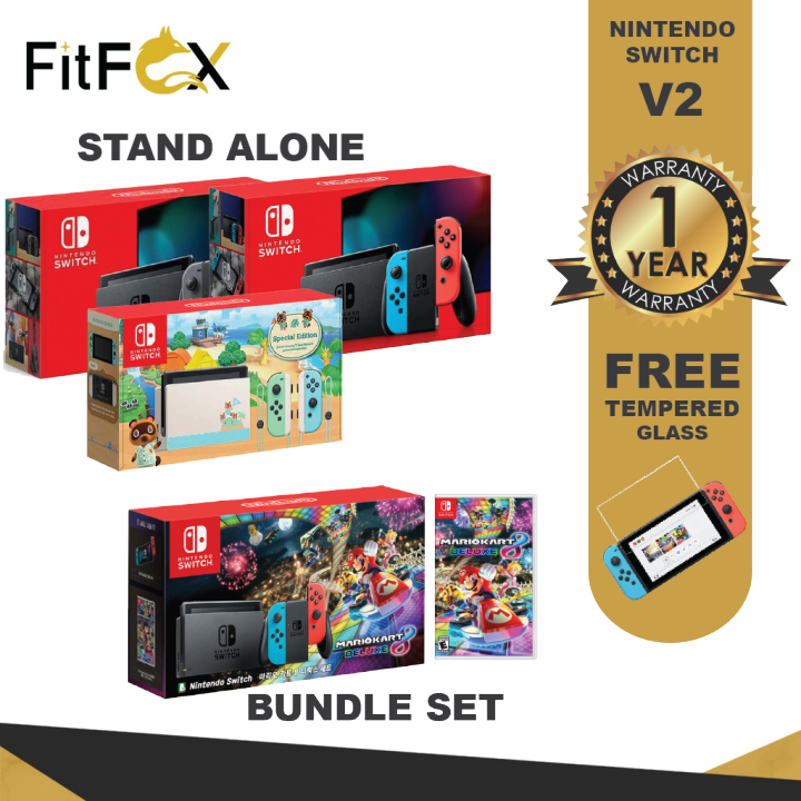 Nintendo Switch V2 Console with Installed Tempered Glass and Bundle ...