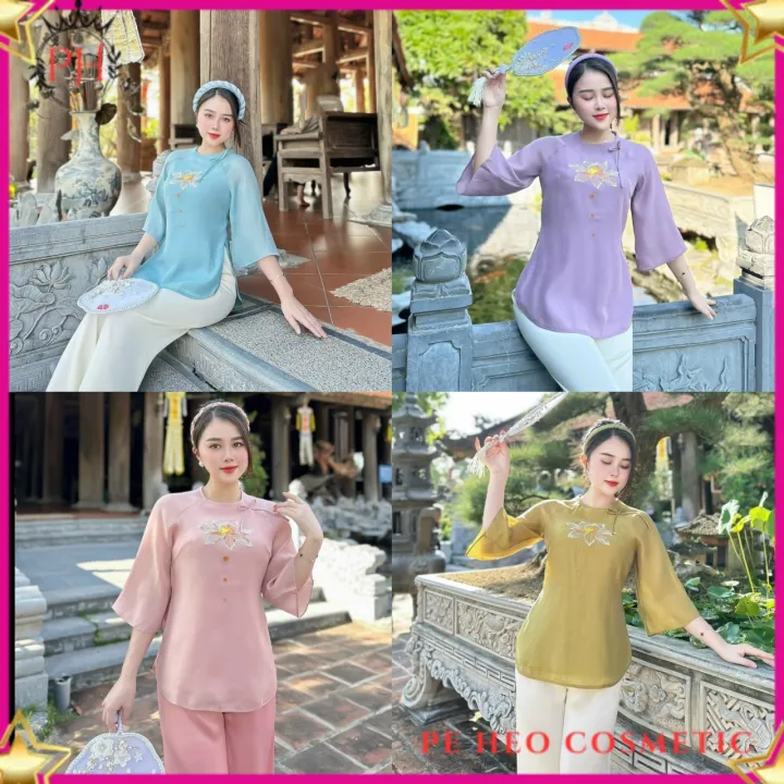 (PH) Set Đồ Bộ Lam Áo Kiểu Cổ Tròn Thiêu Hoa Sen Tay Lỡ Sẻ Tà Vạt Bầu ...