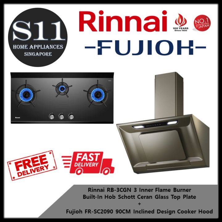 Rinnai RB-3CGN 3 Inner Flame Burner Built-In Hob Schott Ceran Glass Top Plate + Fujioh FR-SC2090 ...