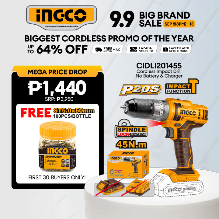 Ingco 20V Lithium Ion Impact Drill with 3pcs masonry drill bits Battery ...