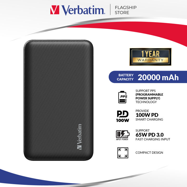 Verbatim 20000mAh 100W PD3.0 PPS Power Pack with digital display ...