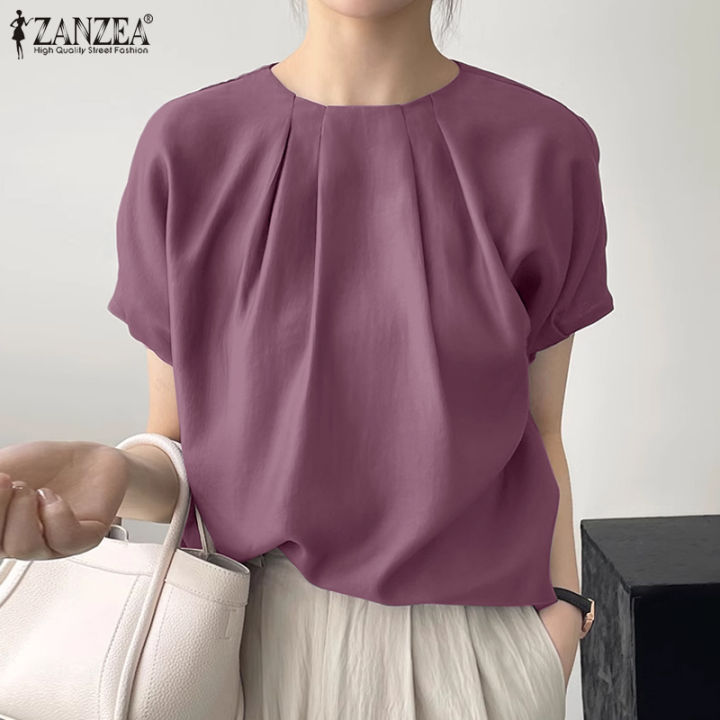 Zanzea Korean Style Womens Blouse Commute Short Sleeve Crew Neck Solid