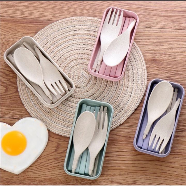 3pcs Set Reusable Folding Wheat Straw Chopstick Spoon Fork Cutlery Set ...