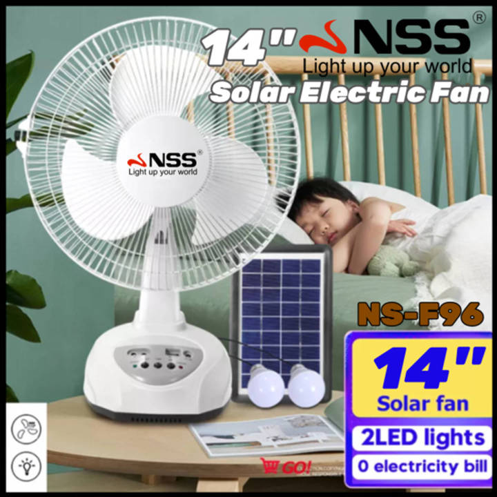NSS - Solar Electric Fan 14'' Rechargeable Oscillating Fan AC/DC Fan 2 ...