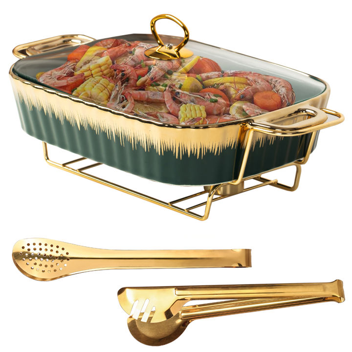 【Wireless】 Rectangular Porcelain Casserole Warming Trays Gold Plating ...