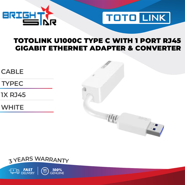 CABLE / TOTOLINK U1000C TYPE C WITH 1 PORT RJ45 GIGABIT ETHERNET ADAPTER & CONVERTER / TYPEC ...