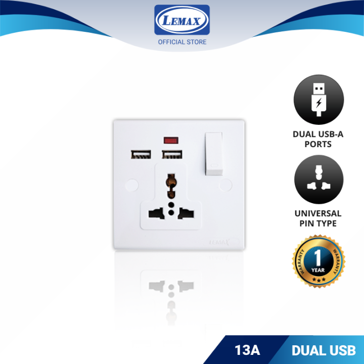 LMX 13A USB Universal Wall Switch Socket 2 x USB Socket (SS-819U) | Lazada