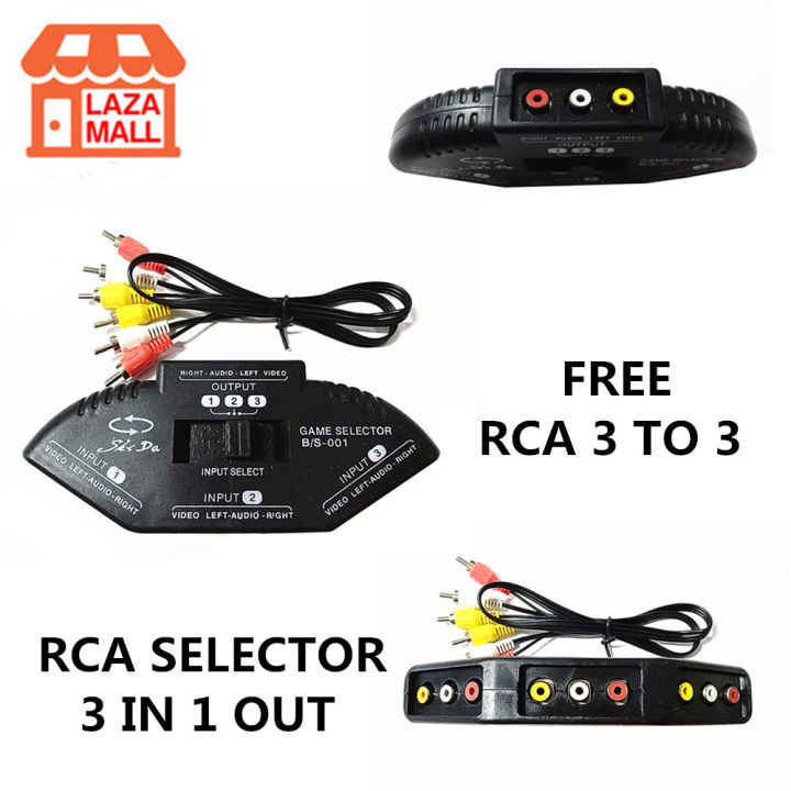 3 WAY RCA SELECTOR 3 IN 1 OUT SWITCH SYSTEM AUDIO VIDEO INPUT 3 VIDEO ...