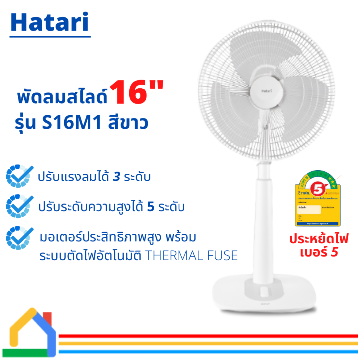 พัดลมสไลด์ 16 นิ้ว สีขาว พัดลมปรับระดับ HATARI S16M1 ปรับแรงลมได้ 3 ...