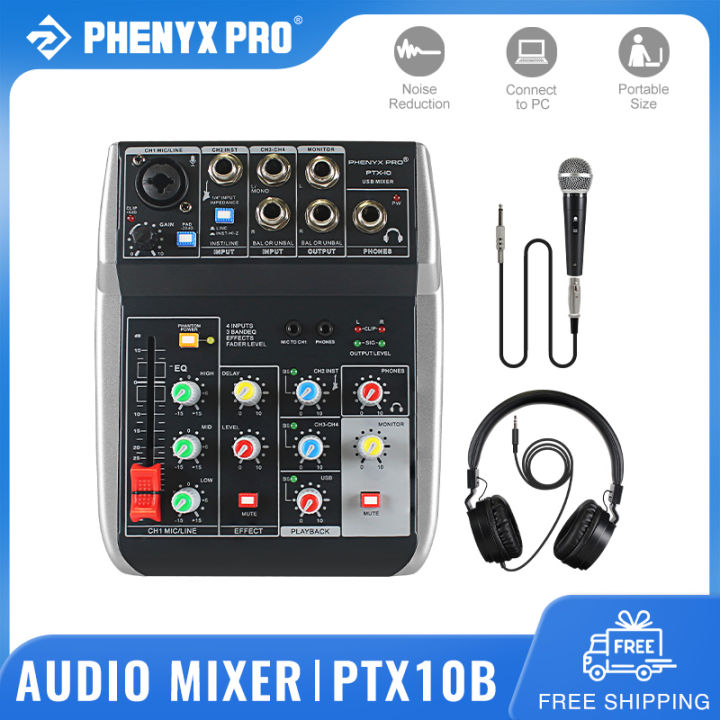 Phenyx Pro PTX-10B USB Interface Audio Mixer Bundle 4-Input 3-Band EQ ...