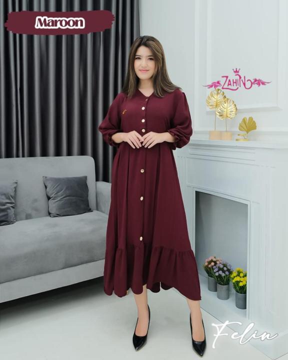 Felin Midi Dress Remaja Wanita Masa Kini Crinkle Kancing 2025 | Lazada ...