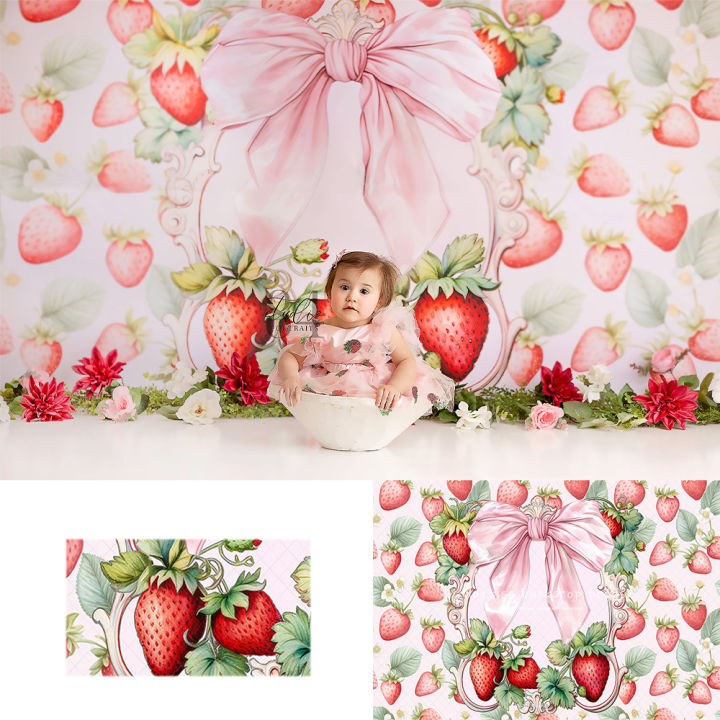 Strawberry Bow Backdrops Kids Baby Birthday Cake Smash Photocall Decors ...