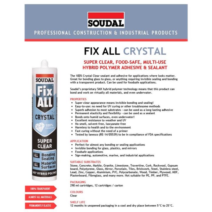 SOUDAL FIX ALL Super Crystal Clear Premium SMX Polymer Bond Sealant 290ML (Food Safe FDA ) No ...