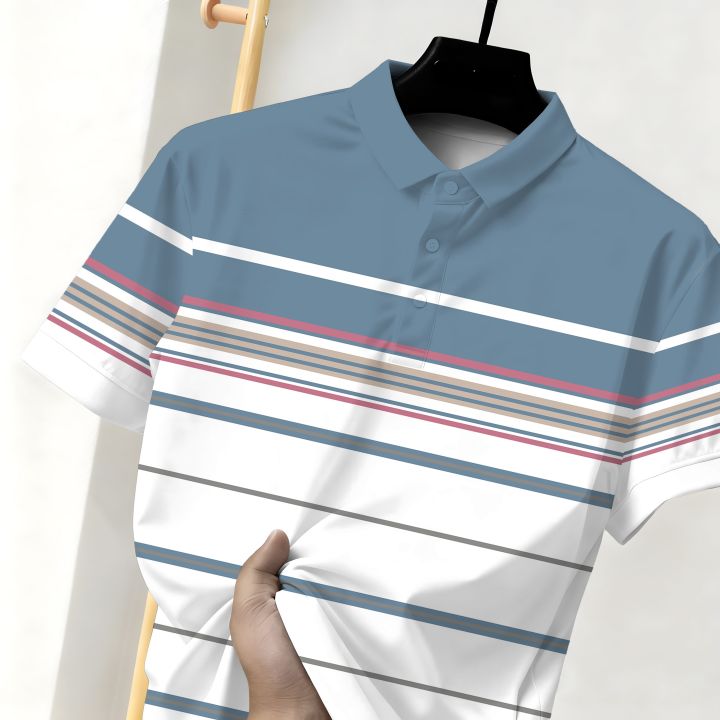 Light Luxury Attire Fashion Button Line printing Full Sublimation Polo ...