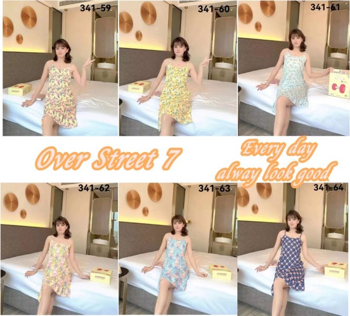 Over Street 7 ชุดนอนกระโปรงสายเดี่ยวผ้านิ่ม ยืด ใส่สะบาย Q341 พร้อมส่งคะ | Lazada.co.th