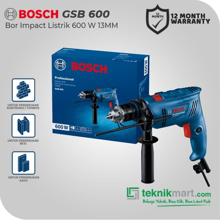 Bosch Impact Drill / Bor Tangan Listrik Impact 13MM 600Watt GSB 600 ...