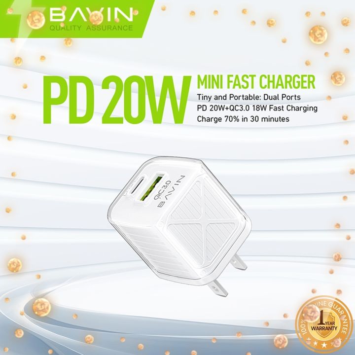 BAVIN PC922 20W PD Dual Port Fast Qualcomm 3.0 and USB-C Port Type-C Mini Fast Charging Adaptor ...