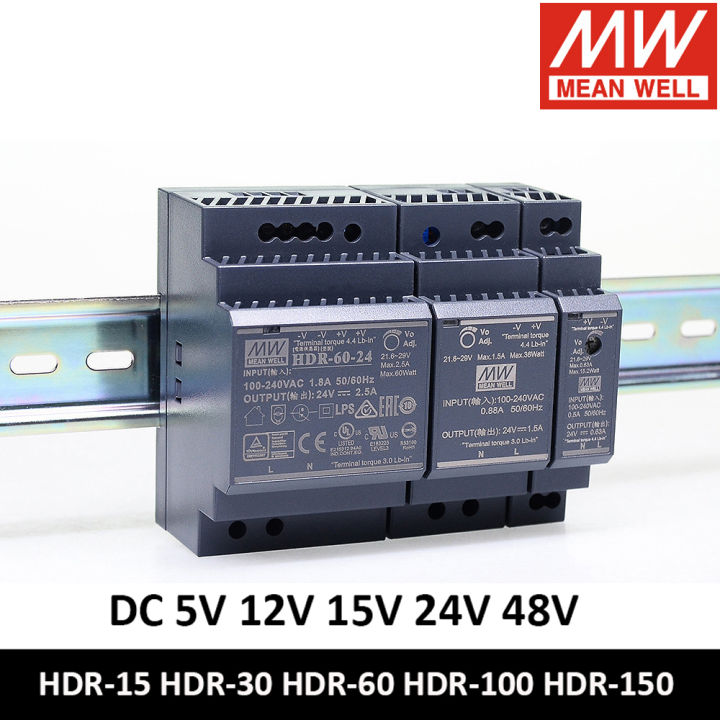 MEAN WELL DIN Rail Power Supply 5V 12V 15V 24V 48V HDR-15 HDR-30 HDR-60 ...