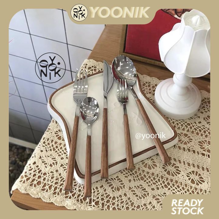 YOONIK Korean Stainless Steel Wood Handle Knife Fork Spoon Cutlery ...