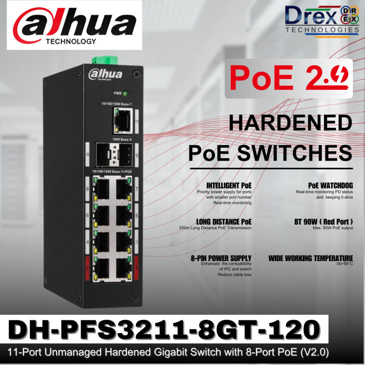 DAHUA POE SWITCH DH-PFS3211-8GT-120 11-Port Unmanaged Hardened Gigabit ...