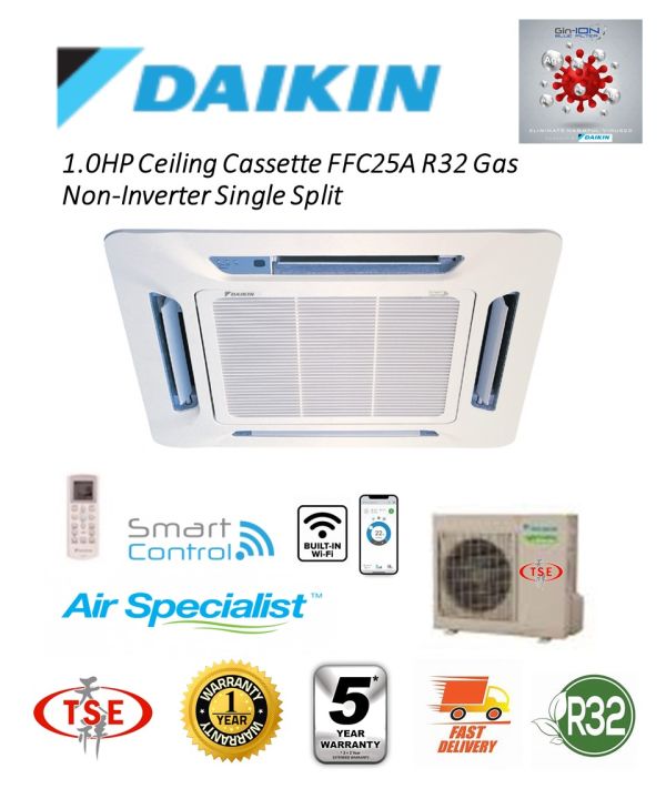 Daikin (FFC25A) 1.0HP Ceiling Cassette Type Air Cond Non-Inverter R32 Gas Buit in Wifi Adaptor ...