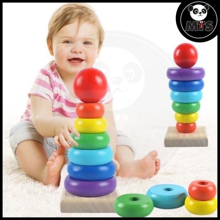 Kids Wooden Stacking Ring Stack Up Rainbow Tower Baby Stacker Toys | Lazada
