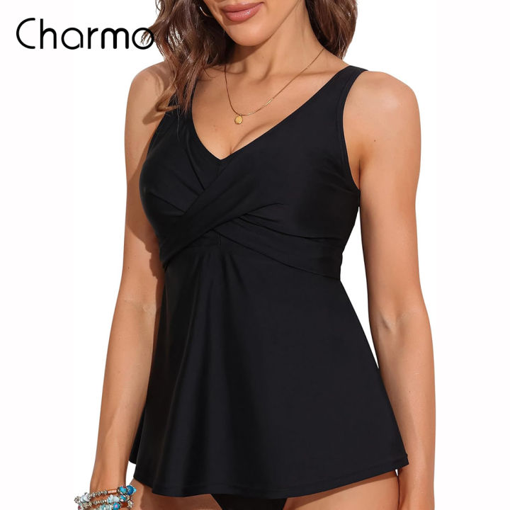 Charmo Womens Tankini Top Twist V Neck Bathing Suit Top Flowy Padded ...