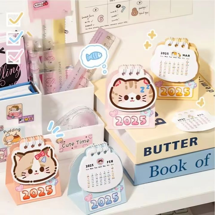 Cute 2025 Mini Desk Calendar Coil Planner Cartoon Cat Desktop Calendar ...