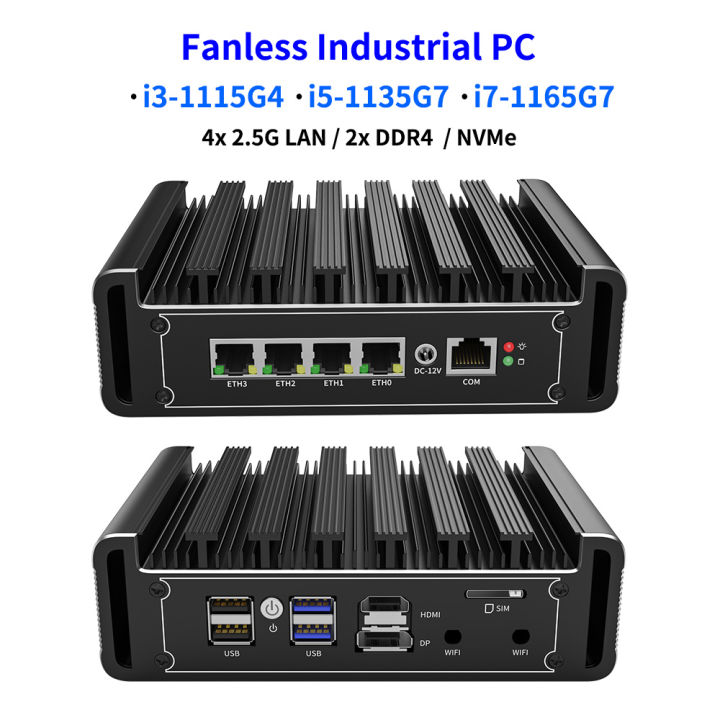11th Gen Fanless Mini PC Intel Core i7 1165G7 i5-1135G7 4x Intel i225 2.5G LAN DDR4 NVMe Celeron ...