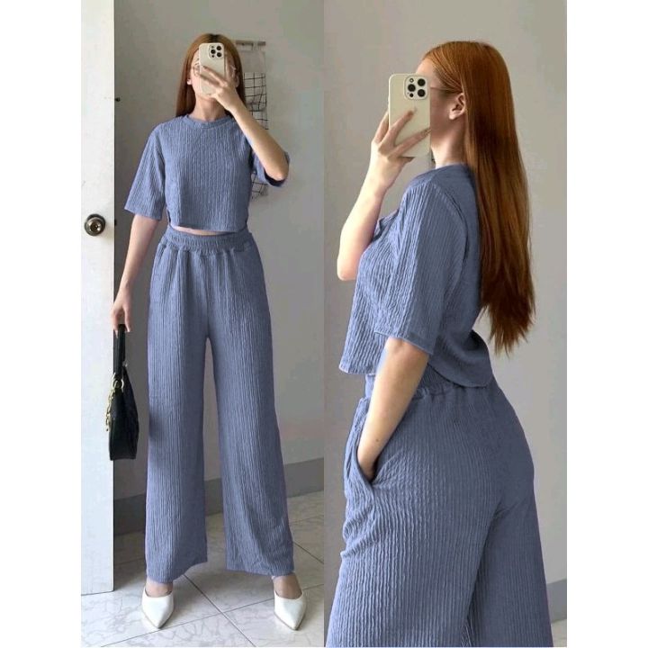 ZHAITI Elise Round Neck Croptop Bark Crepe Coordinates #2023138 | Lazada PH