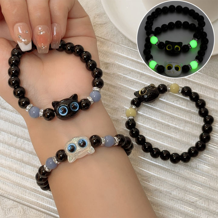 Black White Cat Head Luminous Bracelets Matching Bracelets for Couples ...