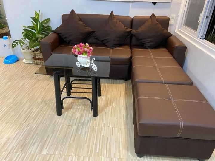 sala set L shape brown leather sofa with glass table uratex foam cod ...