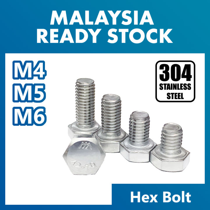 M4 M5 M6 Hex Bolt 304 Stainless Steel DIN933 Screw Skru Spanner Hexagon Head DIY | Lazada