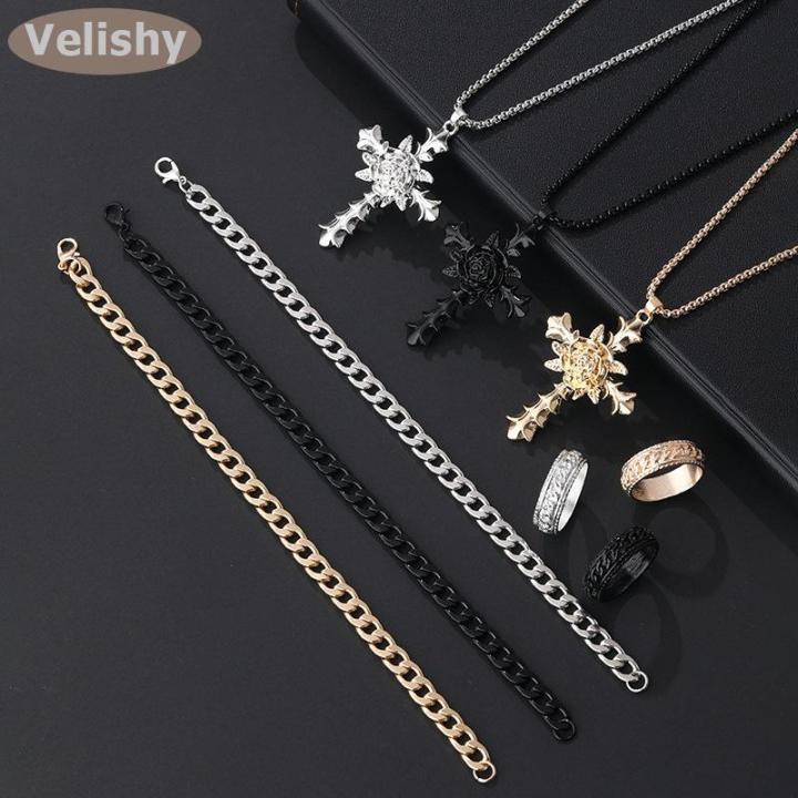Velishy 3Pcs Set Men's Stainless Steel Metal Cross Pendant Chain ...