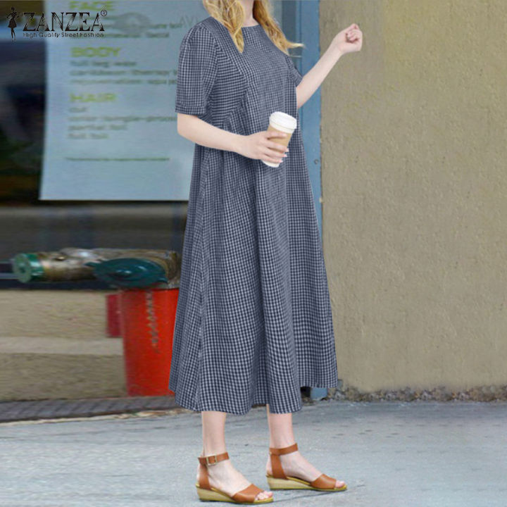 Zanzea Women Puff Short Sleeve Check Plaid Swing Midi Dress Casual