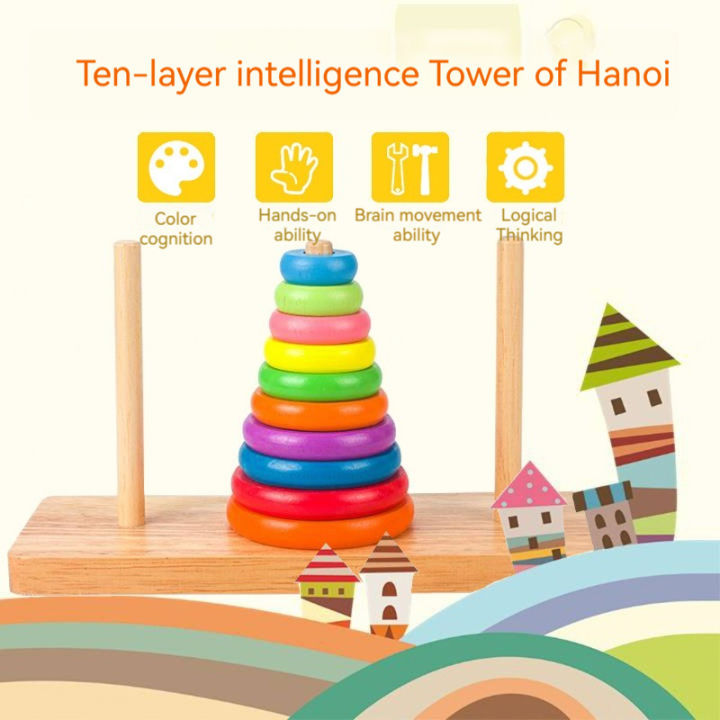 8-Layer Large Tower Of Hanoi Wooden Toy Educational Power Children's ...
