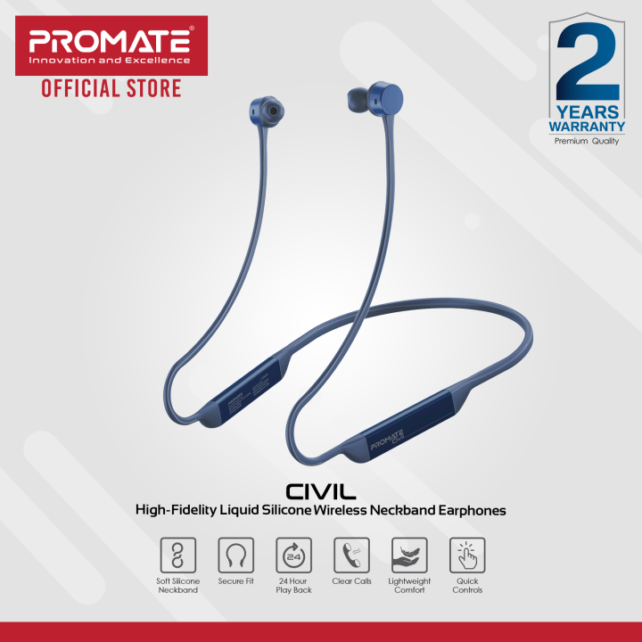 Promate Civil High-Fidelity Liquid Silicone Wireless Neckband Earphones ...