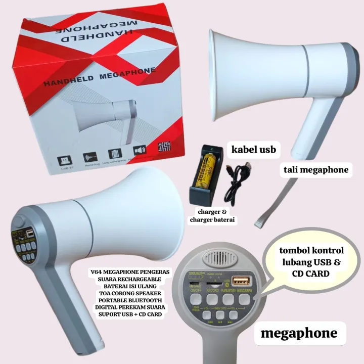 V64 TOA MEGAPHONE SPEAKER PENGERAS SUARA RECHARGEABLE BATERAI ISI ULANG ...