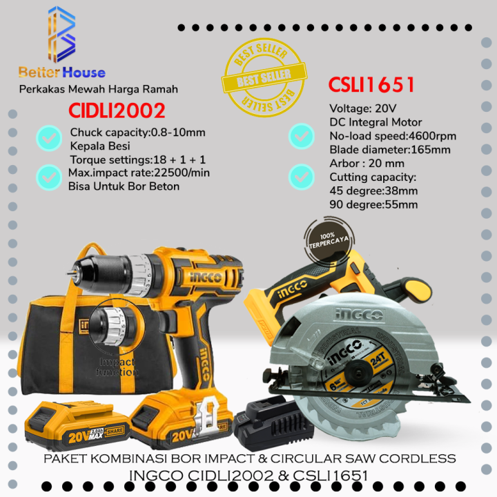 MESIN BOR IMPACT CORDLESS 20V 10mm INGCO CIDLI2002 CIRCULAR SAW ...