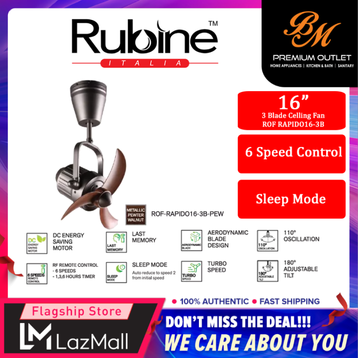 Rubine Rapido Series 16" DC Motor Ceiling Fan With 6 Speeds Remote ...