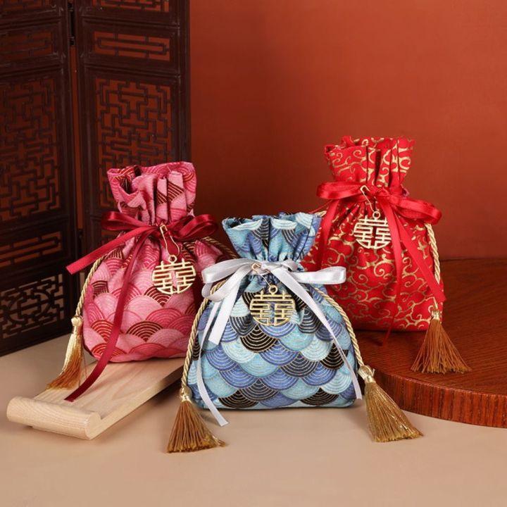 GYYT จี้มุกห้อยคอ กระเป๋าเชือกผูกโบว์ INS แถบลายทาง โบว์ผ้าซาติน ถุงขนม ...