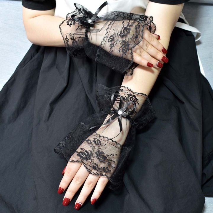 UREAN Dễ thương Mỏng BOW Cosplay Lưới Cô Dâu Găng Tay Găng Tay Cưới ...