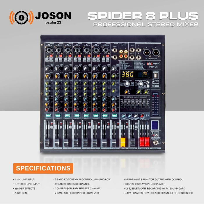 JOSON SPIDER PLUS 8-CH MIXER PROFESSIONAL 8 CHANNEL MIXING CONSOLE and AUX PATHS EFFECTS ...
