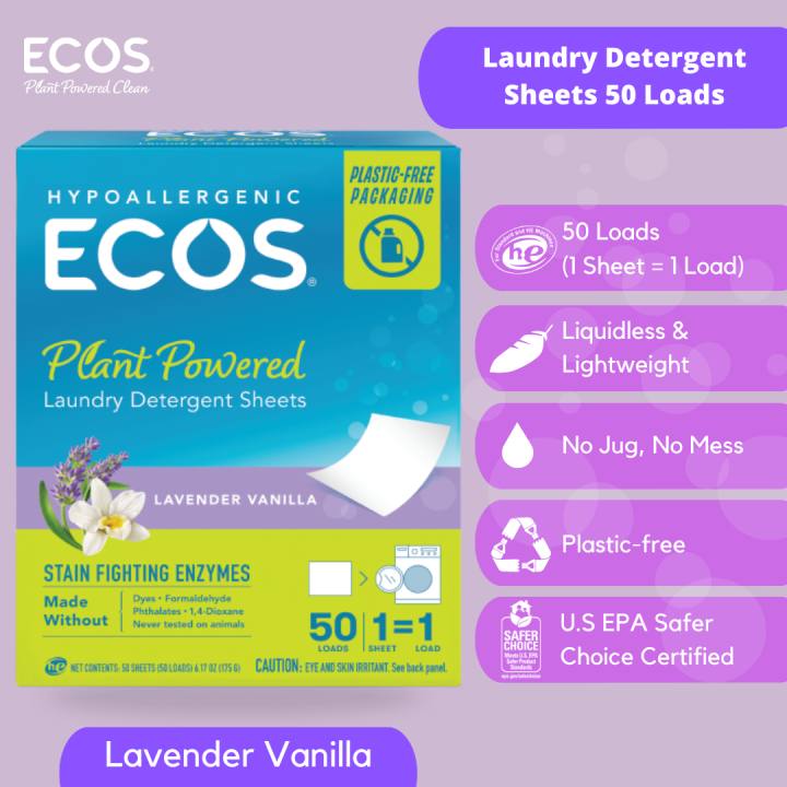ECOS Liquidless Laundry Detergent Strips 50 Squares (50 Loads) Lavender ...