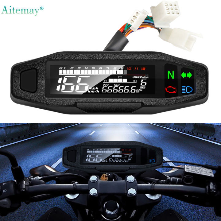 Aitemay LCD Digital Motorcycle Meter Speedometer Universal Odometer RPM ...
