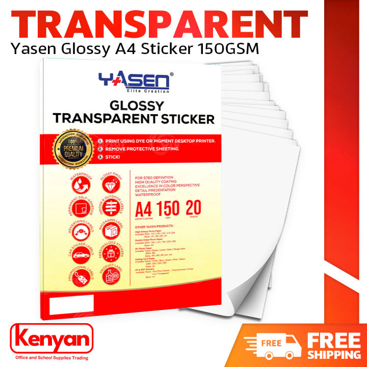 Yasen Transparent Sticker Paper A4 Size 150GSM 20 Sheets Waterproof ...