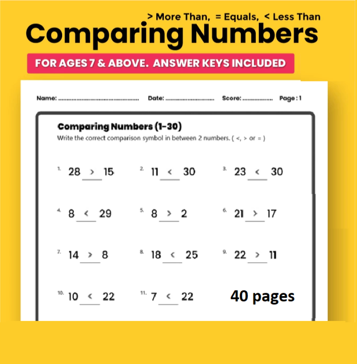 Comparing Numbers Math Worksheets | Greater Than, Less Than Or Equal 1 ...