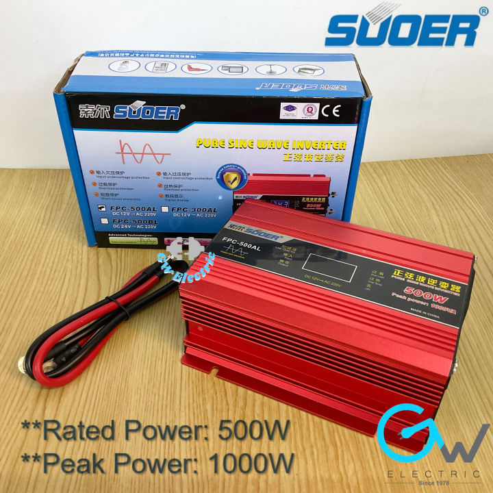 500W SUOER Pure Sine Wave Car Power Inverter DC 12V to AC 230V With USB FPC-500AL | Lazada
