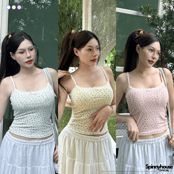 🌈SpinnyHouse🌈ครอปสายเดี่ยว แต่งลูกไม้ ลายดอกน่ารัก 🫧 ผ้ายืดเยอะ แต่งโบว์ช่วงอก ผ้านิ่ม เสื้อสาย ...